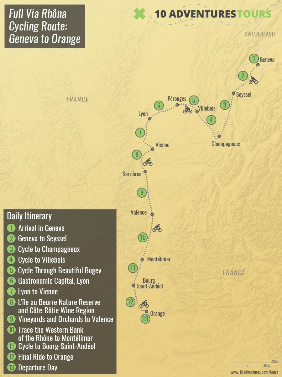 Full Via Rhôna Cycling Route Tour: Geneva to Orange